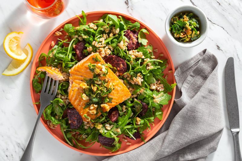King Salmon with Farro-Beet Salad and Citrusy Walnut Gremolata | Sunbasket
