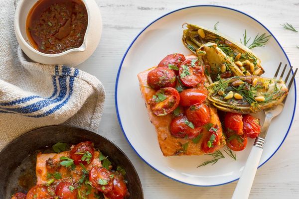 Salmon and cherry tomatoes with red chermoula and seared endive | Sunbasket