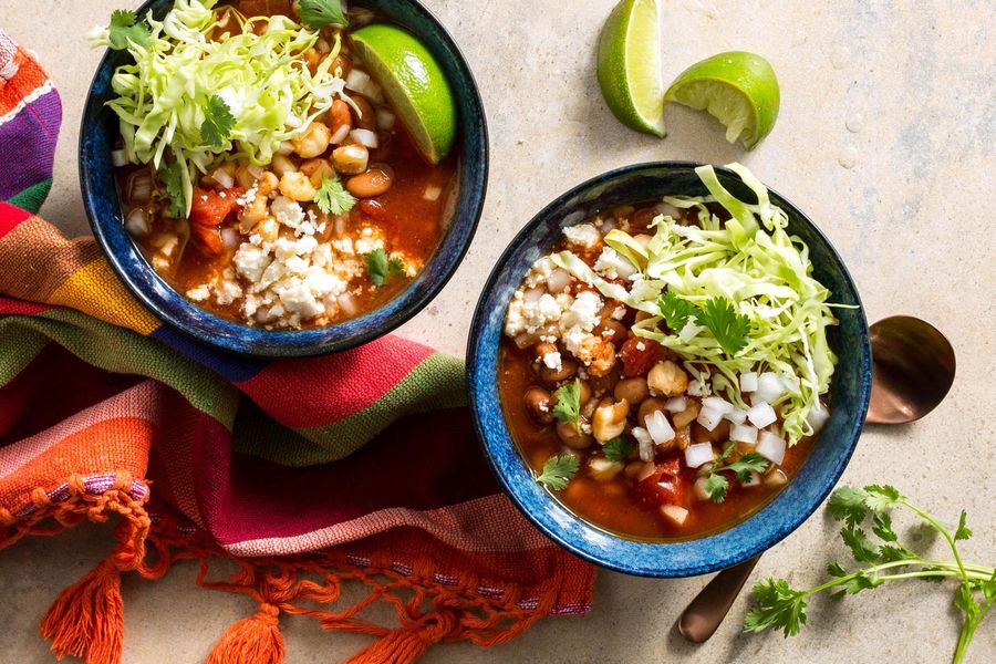 Easy pinto bean and hominy pozole rojo with queso fresco | Sun Basket