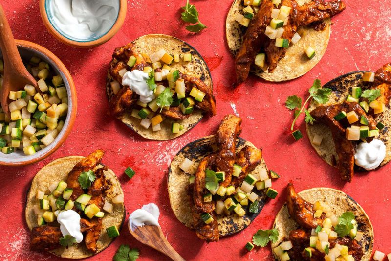 Oaxacan chicken mole tostadas with summer squash | Sunbasket