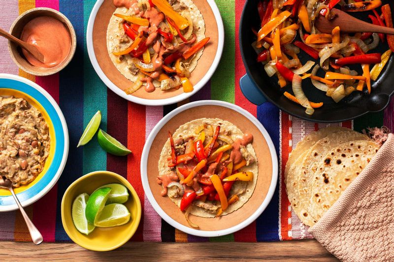 Tex-Mex Vegetable Fajitas with Cheesy Refried Beans and Achiote Crema ...