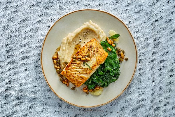Seared Alaskan halibut with mashed potatoes & herbed brown butter ...