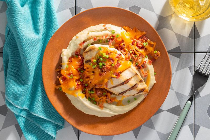 Grilled Chicken With Cauliflower-Potato Mash, Bacon, and Cheddar ...