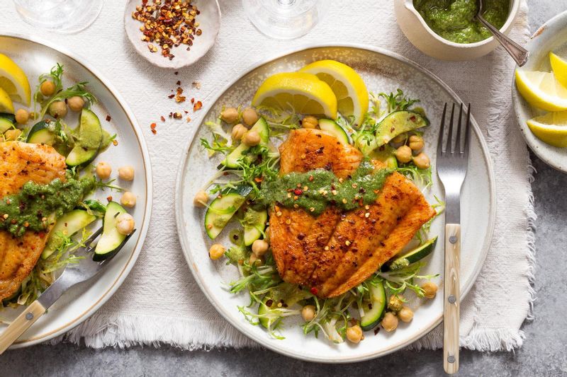 Sole with chickpeas, summer squash, and parsley-pecan pesto | Sunbasket