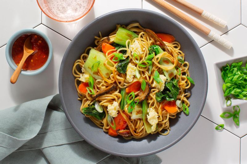 Chinese Long-Life Noodles with Stir-Fried Bok Choy and Mushrooms ...