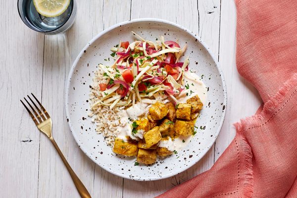 Gyro-Spiced Chicken Bowl With Brown Rice, Lemon Yogurt, and Slaw ...