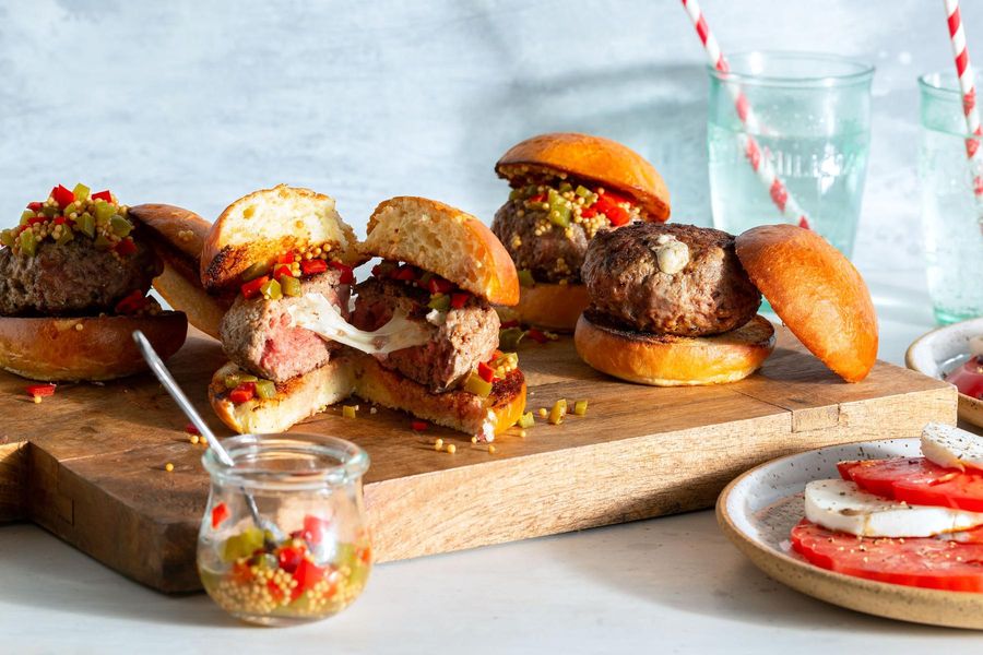 Juicy Lucy Sliders with Peperonata Relish and Caprese Salad | Sun Basket