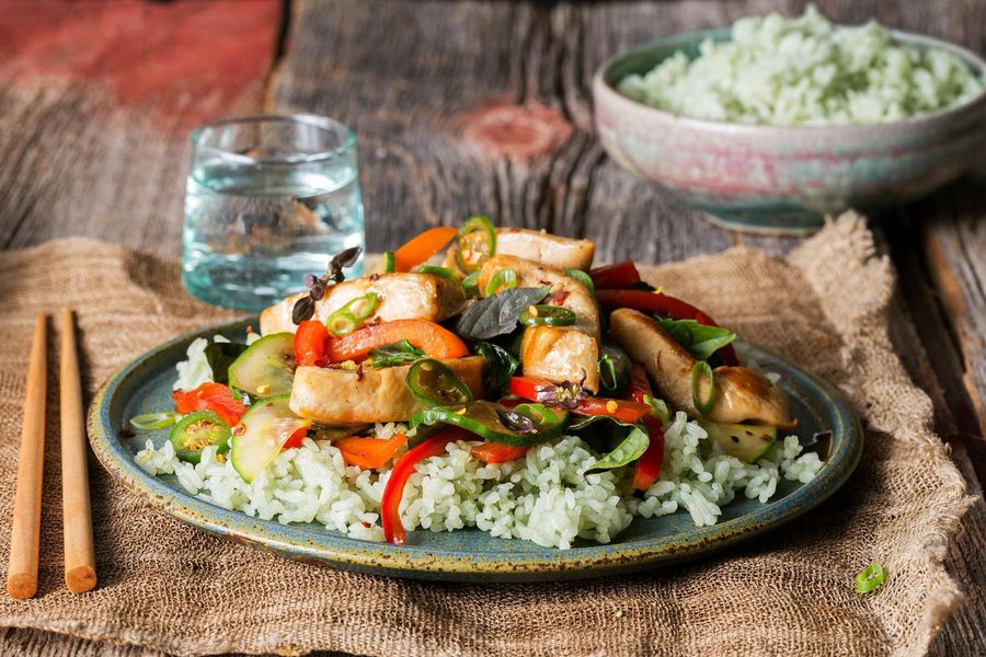 Chicken and basil stir-fry with jade rice