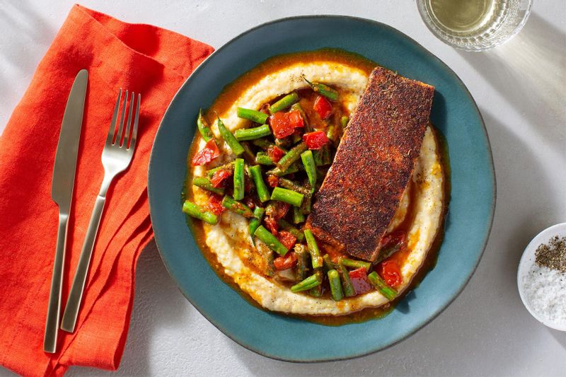 Creole-spiced salmon with tomatoey green beans and cheesy grits | Sunbasket